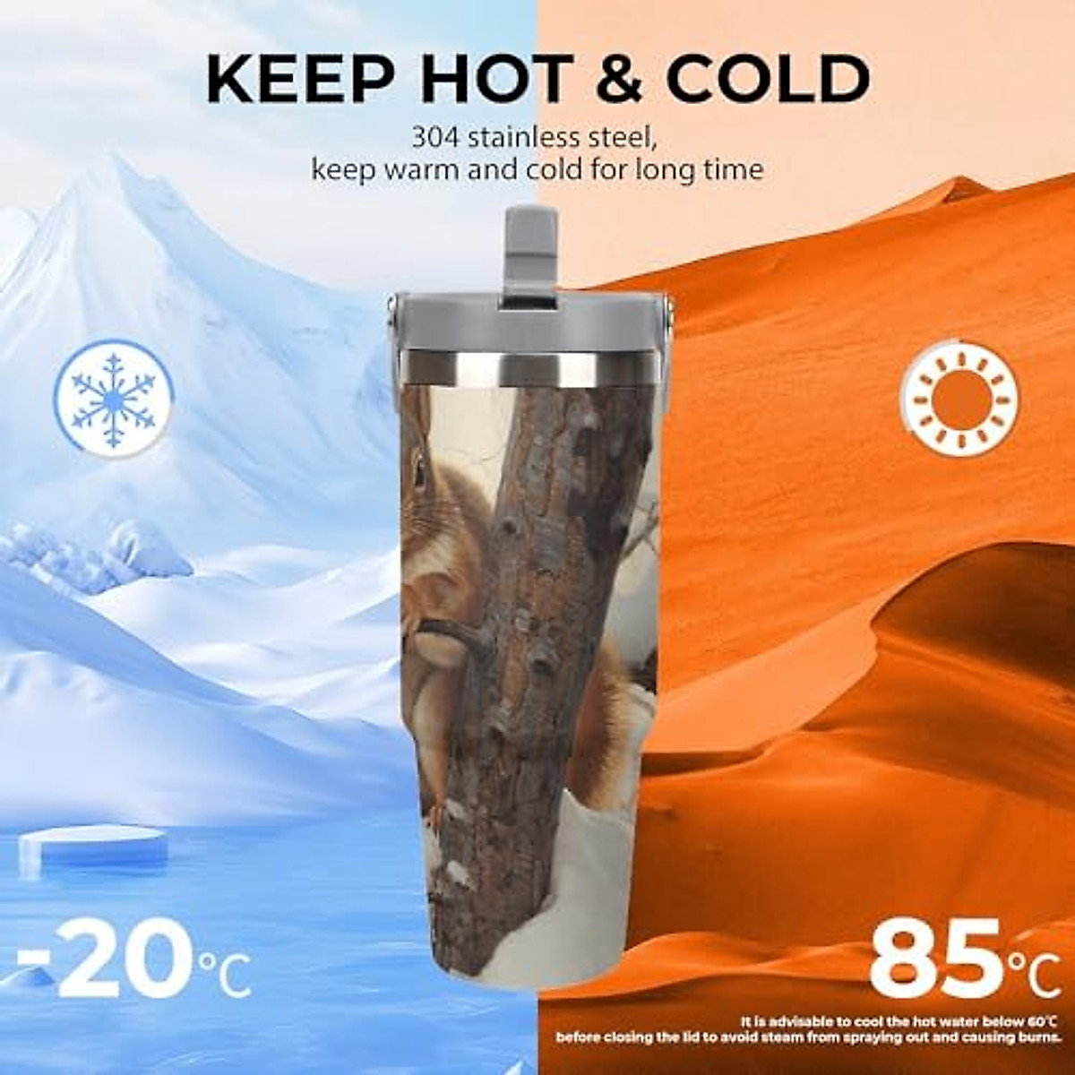 RTFGHJS Squirrel on Tree 30 Oz Tumbler with Handle And Flip Straw, Stainless Steel Vacuum Insulated Travel Mug, Thermal Cup for Coffee, Water, Iced Drinks, Fits Car Cup Holders (Home, Sports)