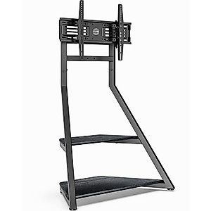 FITUEYES DESIGN Corner TV Stand with Wheels for 43 55 65 70 75 Inch TV, Black TV Cart Floor Stand, Modern TV Stand with Wooden Storage Shelves, Eiffel Series