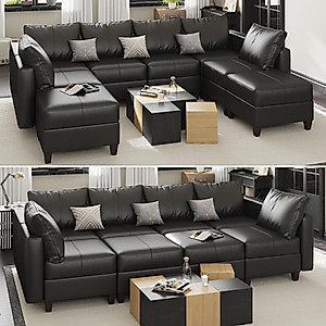 EASE MOOSE Modular Sectional Sofa Sleeper Couch with Storage, 8 Seat Faux Leather sectional Modular Sofa Large Moduar Sleeper Sofa Black Sectional Sofa Bed Modular Couch for Living Room