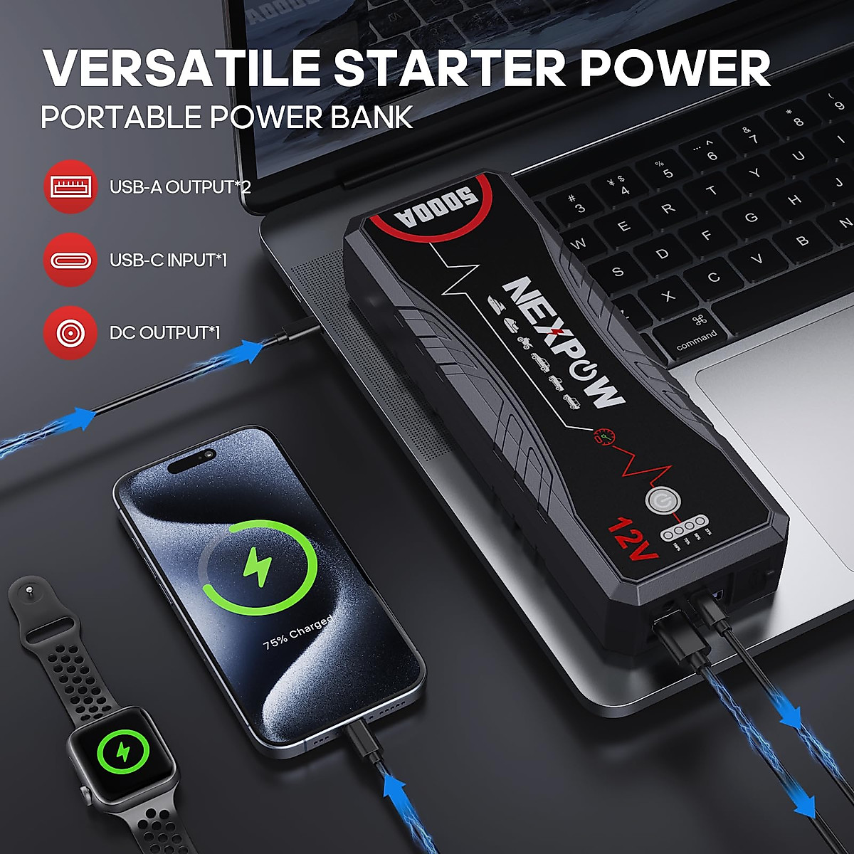 NEXPOW Car Jump Starter,Car Battery Jump Starter Pack 5000A Peak Q12 for All Gas and Up to10.0L Diesel Engine 12V Auto Battery Booster,Jumper Cables,Portable Lithium Jump Box with LED Light/USB QC3.0