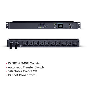 CyberPower PDU24001 Metered ATS PDU, 100-120V, 15A (Derated to 12A), 10 Outlets, 1U Rackmount