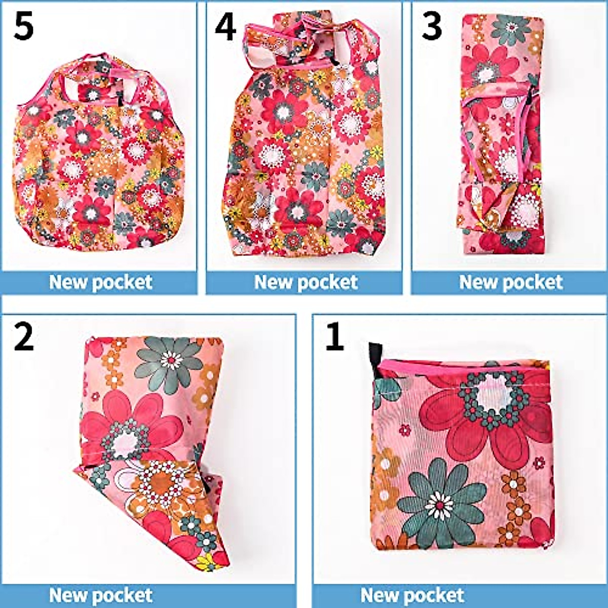 lukar Foldable Reusable Grocery Bags, Portable Reusable Shopping Bags Totes Machine Washable With Handles Folding Storage Bag, 10 Pack Flower Small daisy Leaf Lattice (1 extra small bag Design)