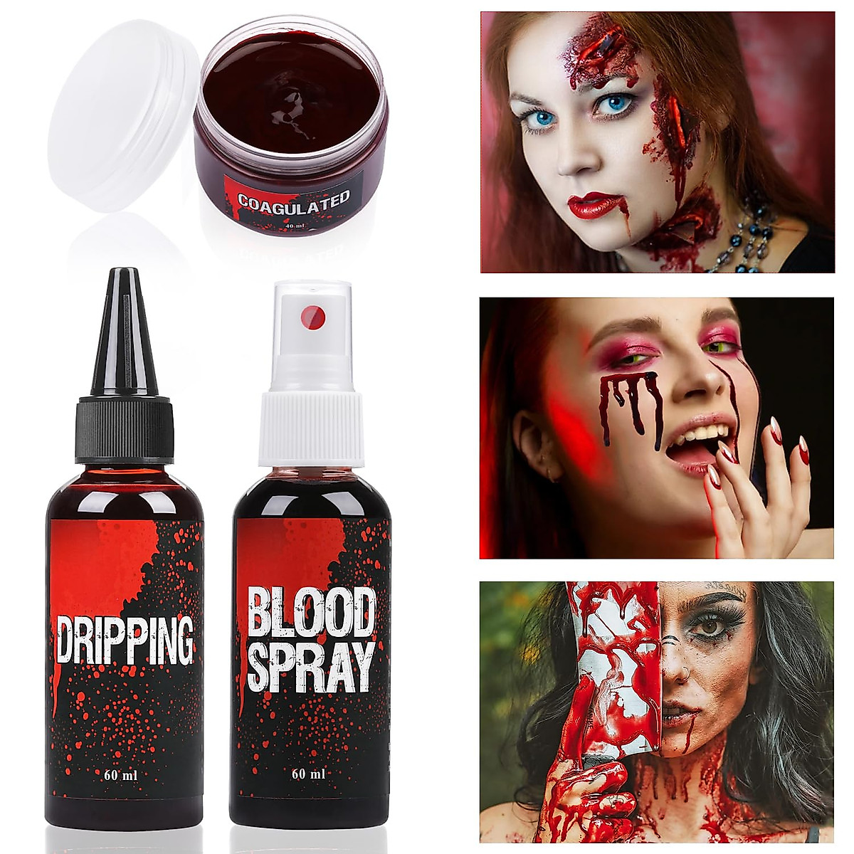 Fake Blood Set, 2.1oz Fake Blood Spray and 2.1oz Dripping Blood and 1.41oz Coagulated Gel Blood, Halloween Washable Fake Blood Makeup for Clothes, Zombie, Vampire Cosplay & Dress Up