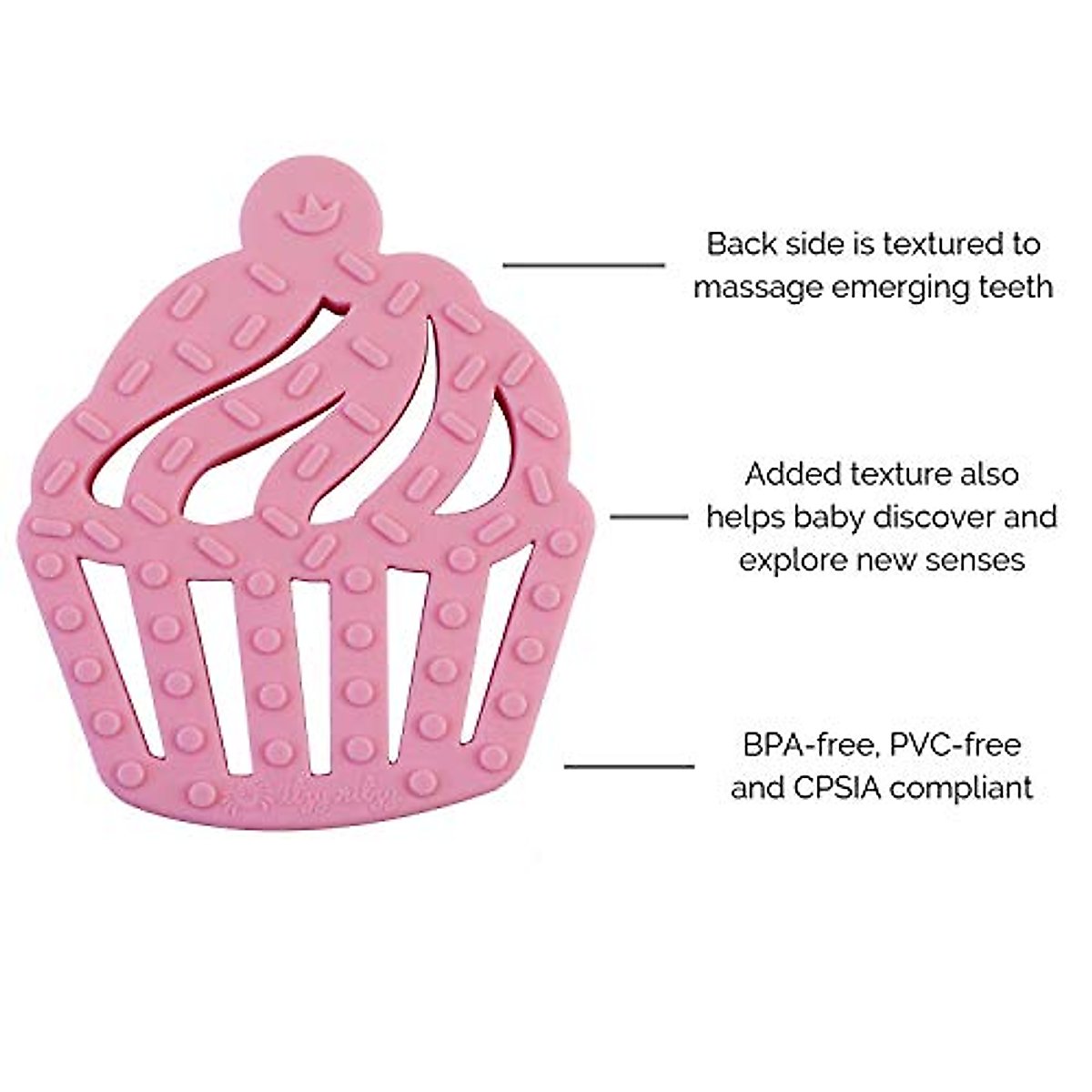 Itzy Ritzy Silicone Baby Teether – BPA-Free Infant Teether with Easy-to-Hold Design & Textured Back Side to Massage & Soothe Sore, Swollen Gums - Teething Toy for 3 Months & Up - Cupcake
