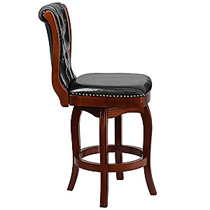 Flash Furniture 26'' High Cherry Wood Counter Height Stool with Button Tufted Back and Black LeatherSoft Swivel Seat