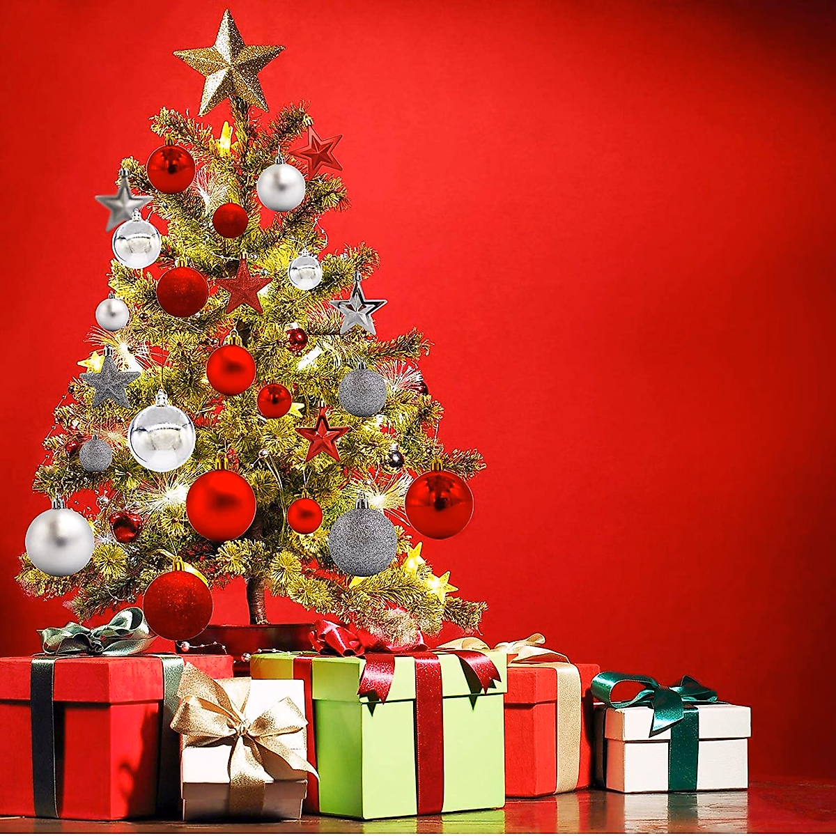 101 Pcs Christmas Tree Ornaments Ball Ornaments Set with Shatterproof Christmas Ball Decoration Santa Claus Star Pandent for Xmas Tree, Reusable Hand-held Gift Package (Red)