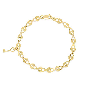 Floreo 10k Yellow Gold Textured Finish Heart Shape Lock and Key Link Charm Bracelet