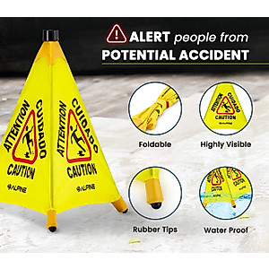 Alpine Caution Wet Floor Sign - Pop Up Slippery When Wet Sign, Wall Mounted Foldable Bilingual Yellow Safety Warning Caution Cone For Commercial & Office Use (30 Inches)