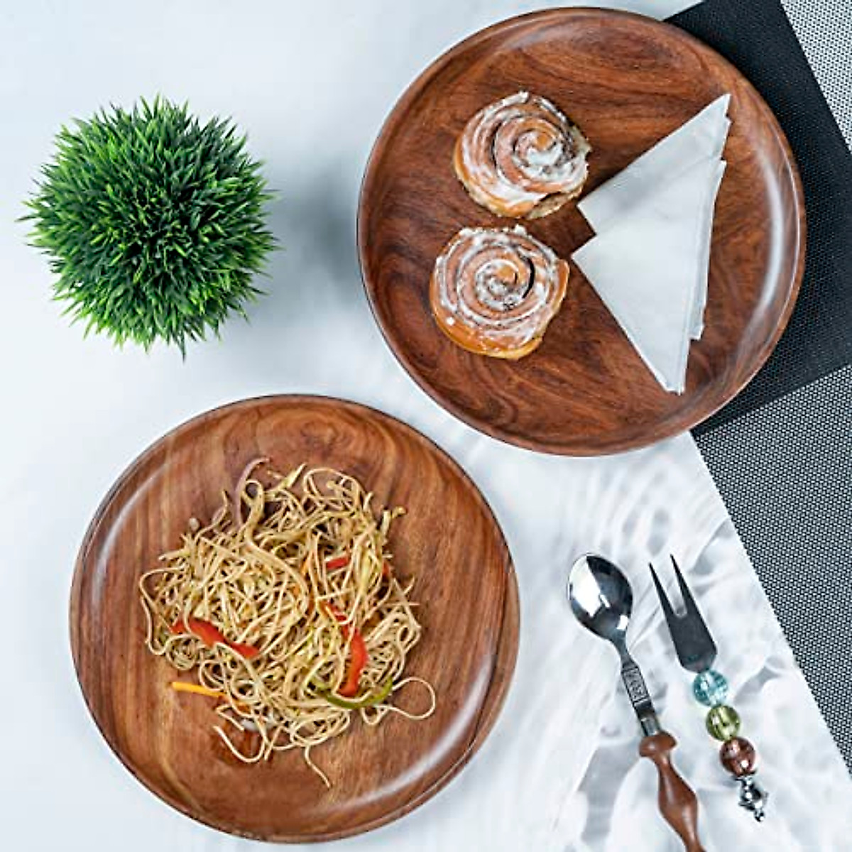 Wooden Plates, Teak Wood Dinner Plates, Round Serving Plate Set of 2, Cheese Plates Coffee Tea Serving Tray Fruit Platters Party Dinner Plates, Wood Plates for Snacks, 10 Inch