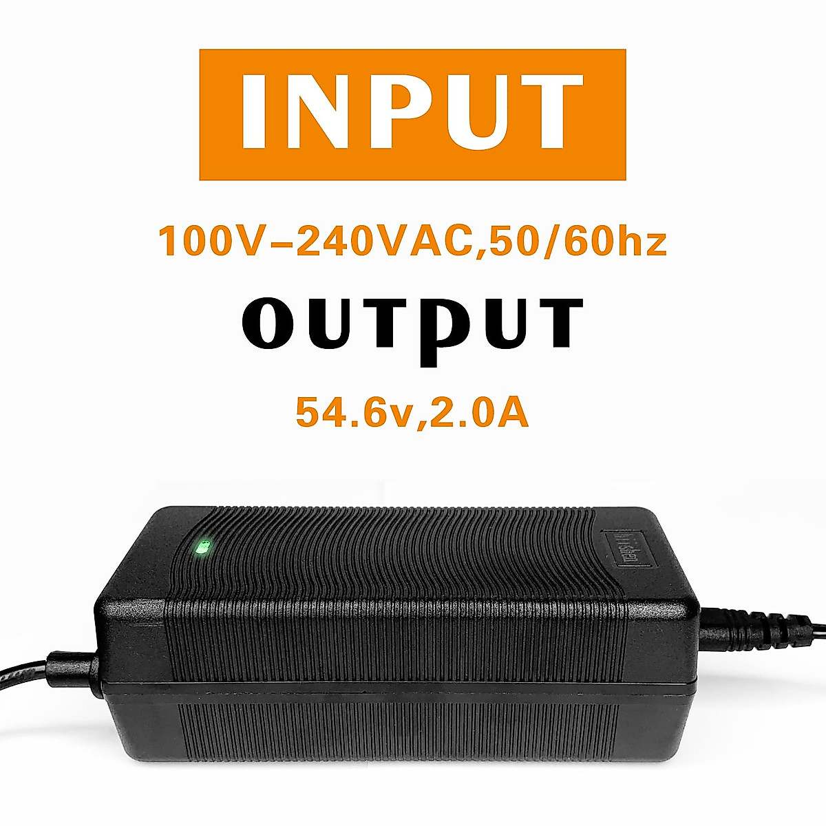 54.6V 2A Charger is Applicable to Electric Bicycles and Electric Scooters. It is a Universal 48V Lithium Battery Charger for All Major Brands, with a Plug of DC 5.5×2.5mm.