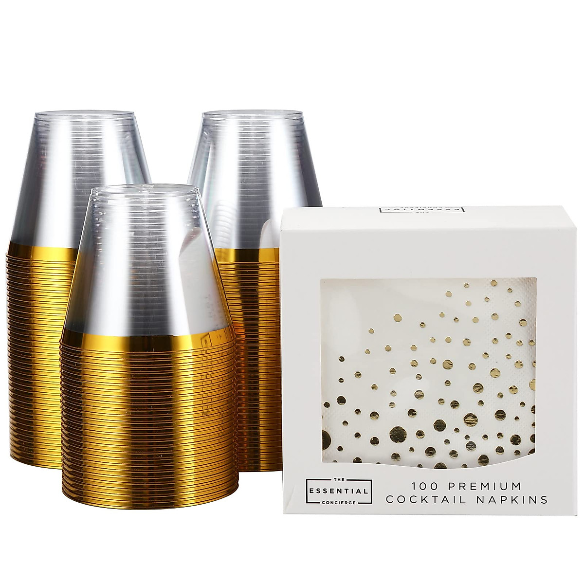 Essential Concierge Stylish Gold-Rimmed Plastic Cups, 9 oz - 100 Disposable with Gold Napkins