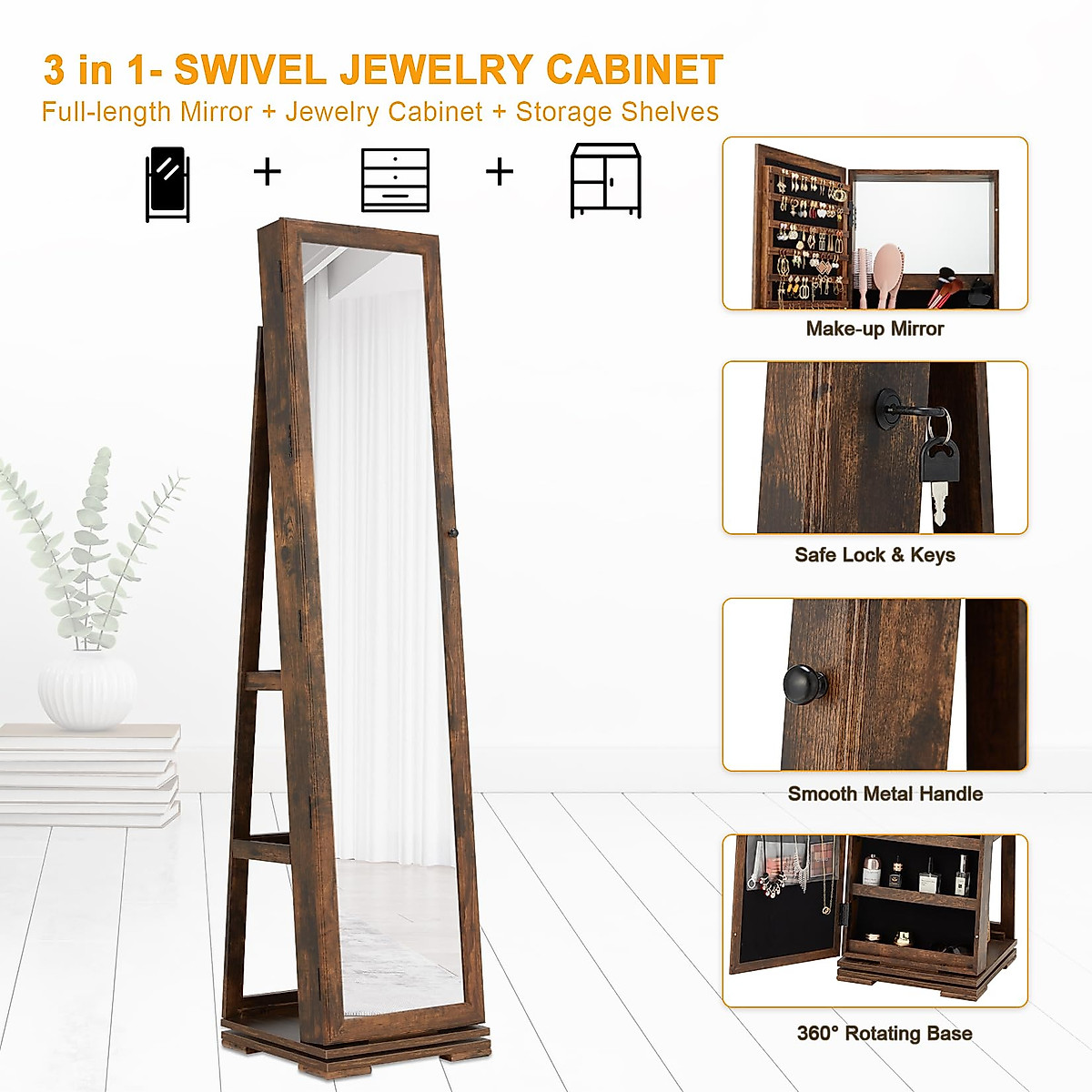 Buymoth 3-in-1 Rotating Jewelry Armoire Cabinet, Freestanding Lockable Jewelry Cabinet Organizer w/Full Length Mirror, Large Storage Capacity, Built-in Makeup Mirror & 3-Tier Rear Shelves,Rustic Brown