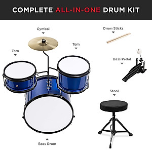 Best Choice Products Kids Drum Set 3-Piece Beginner Drum Set Junior Drum Set, w/ Throne Stool, Cymbal, Drum Sticks, Bass Drum Pedal, 2 Toms - Blue