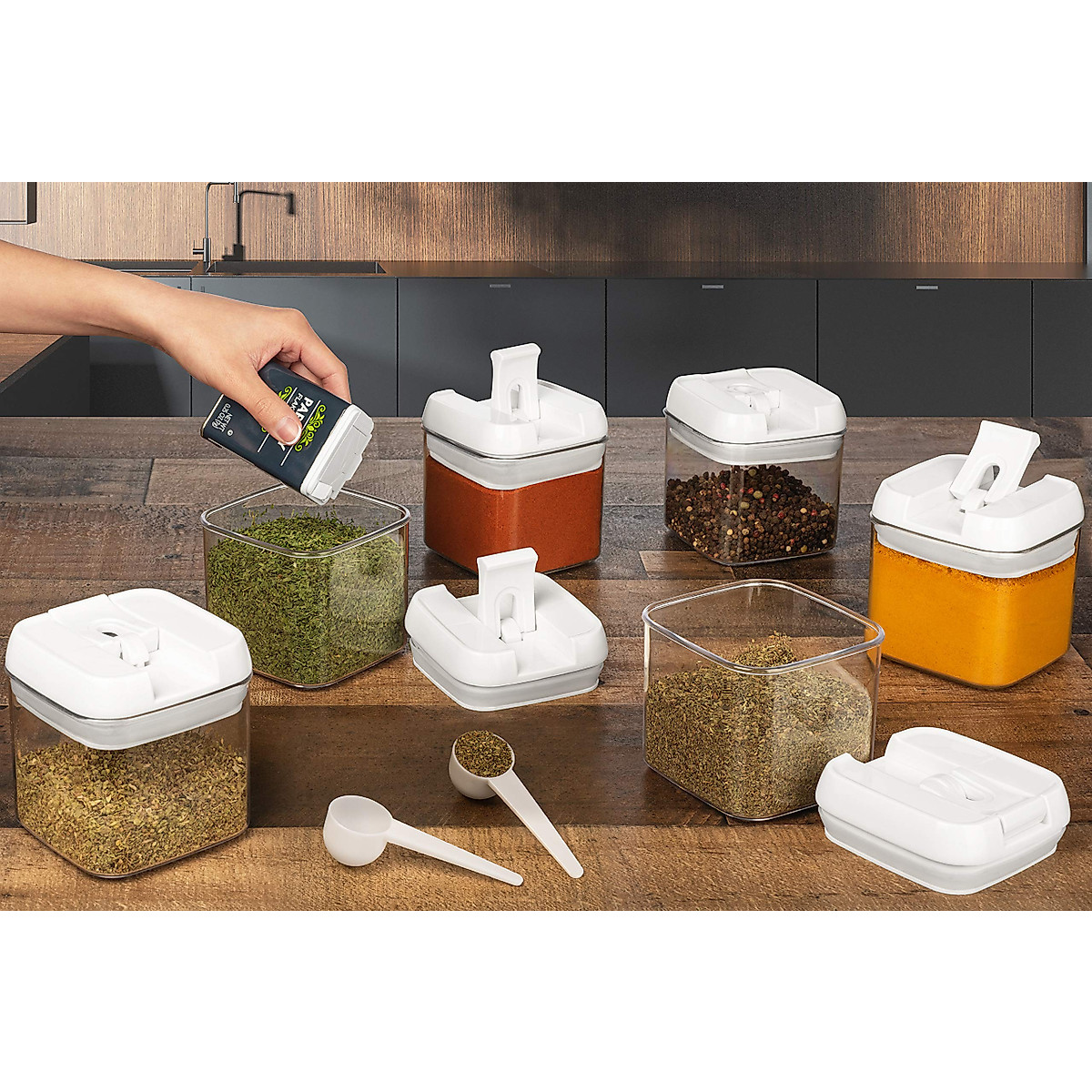 Shazo Airtight 6 Pc Spice Containers Set + 6 Spoons - Durable Clear Plastic Food Storage Containers with Lids - Kitchen Cabinet Pantry Organization for Spices, Herbs, Coffee, Tea etc