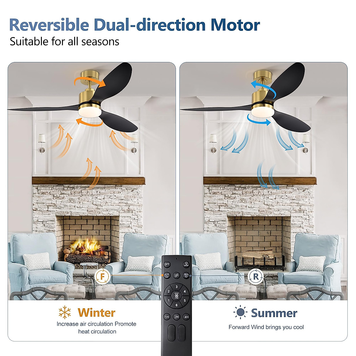 52 Inch Ceiling Fans with LED Light Remote Control, Modern Ceiling Fan with Reversible DC Motor, 3 Blades and 3 Color Temperature, LED Light Chandelier for Bedroom(Gold & Black)