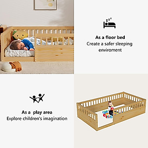Bocarali Twin Size Montessori Floor Bed, Wood Floor Bed with High Fence, Twin Montessori Bed Frame for Kids Boys Girls, Natural, 78.5" L x 41.4" W x 19.6" H