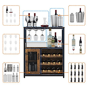 IDEALHOUSE 3-Tier Wine Bar Cabinet with Detachable Wine Rack and Storage Space, Buffet Cabinet with Glass Holder and Mesh Door, for Kitchen, Living Room and Bar (Rustic Brown)