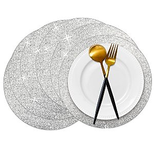 50 Pieces Silver Glitter Paper Place Mats Sparkle 14'' Round Disposable Table Mats Silver Sequin Doilies Decorative Placemats for Wedding Banquet Party Home Dining Tableware