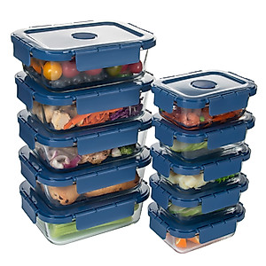 HAKEEMI Glass Food Storage Containers 10 Pack, Glass Meal Prep Containers with Snap Locking Lids Airtight Built in Air Vents, Glass Lunch Containers, Microwave/Dishwasher Safe, Navy Blue
