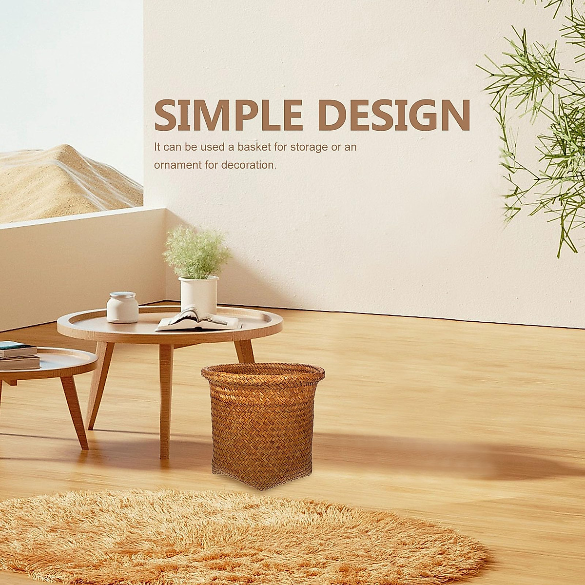 Rattan Waste Basket Trash Can: Seagrass Waste Basket Hand Woven Garbage Container Bin Laundry Hamper Plant Pot Holder for Kitchen Bathroom Office Home