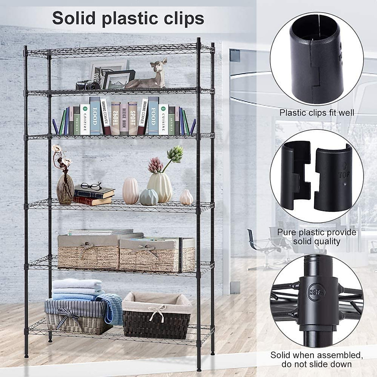 6 Tier Wire Shelving Unit Wire Shelves, NSF Heavy Duty Height Adjustable Storage Wire Shelf Shelving Rack with Feet Leveler Garage Rack Kitchen Rack Office Rack Commercial Shelving (Black 42x16x72)