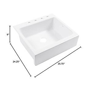 Sinkology Parker Crisp White Fireclay 26" Single Bowl Quick-Fit Drop-In Farmhouse Apron Kitchen Sink with 4 Holes and Drain