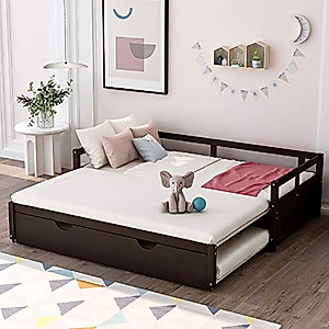 Merax Modern Wood Daybed with Pop Up Trundle Twin to King Triple Sofa Bed Frame for Kids Teens Adults/No Box Spring Needed Espresso