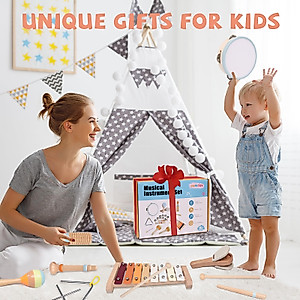 Baby Musical Instruments Set - Montessori Wooden 18 Month Old Baby Musical Toys Toddler Percussion Instruments Xylophone Maracas Tambourine for Kids, 2 3 4 Year Old Girls Boys Easter Birthday Gifts