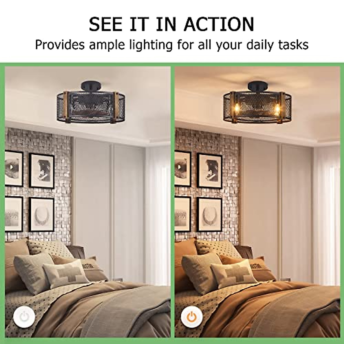 SADENICEL Farmhouse Low Profile Caged Ceiling Fan with Lights Remote Control,17 Inch Industrial Bedroom Ceiling Fan, Bladeless Ceiling Fan with Lights for Kitchen, Bedroom, Dining Room