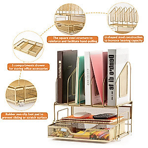 Beiz Gold Desk Organizer and Accessories Storage with 5 Vertical File Folder Holders, 2 Paper Tray, Drawer for Women Office, Home, Dorm, Workspace to Collect Office Supplies
