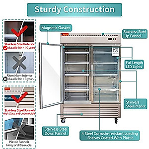 WESTLAKE 54" W Commercial Display Refrigerator 2 Glass Door Merchandiser 2 Section Stainless Steel Reach-in Glass Door Upright Fan Cooling 49 Cu.ft Cooler for Restaurant, Bar, Shop, etc