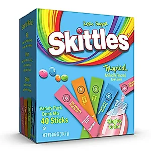 Skittles Singles To Go Tropical Flavors Variety Pack, Powdered Drink Mix, Includes 4 Flavors, Strawberry Starfruit, Mango Tangelo, Kiwi Lime, Pineapple Passionfruit, 40 Count