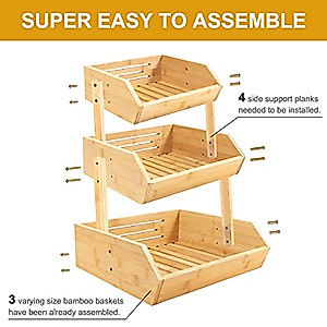 TAKEKIT Bamboo Fruit Basket, 3 Tier Fruit Basket for Kitchen, Large Capacity Produce Basket for Fruit and Vegetable Storage, Multipurpose Fruit Holder for Kitchen Countertop