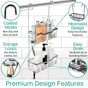 Hanging Shower Caddy Over Door - 304 Rust-proof Stainless Steel Shower Hanging Caddy with Rotatable Hooks and Adhesives for Bathroom Essentials, Equipped with Rotateable Hooks and extra Adhesives