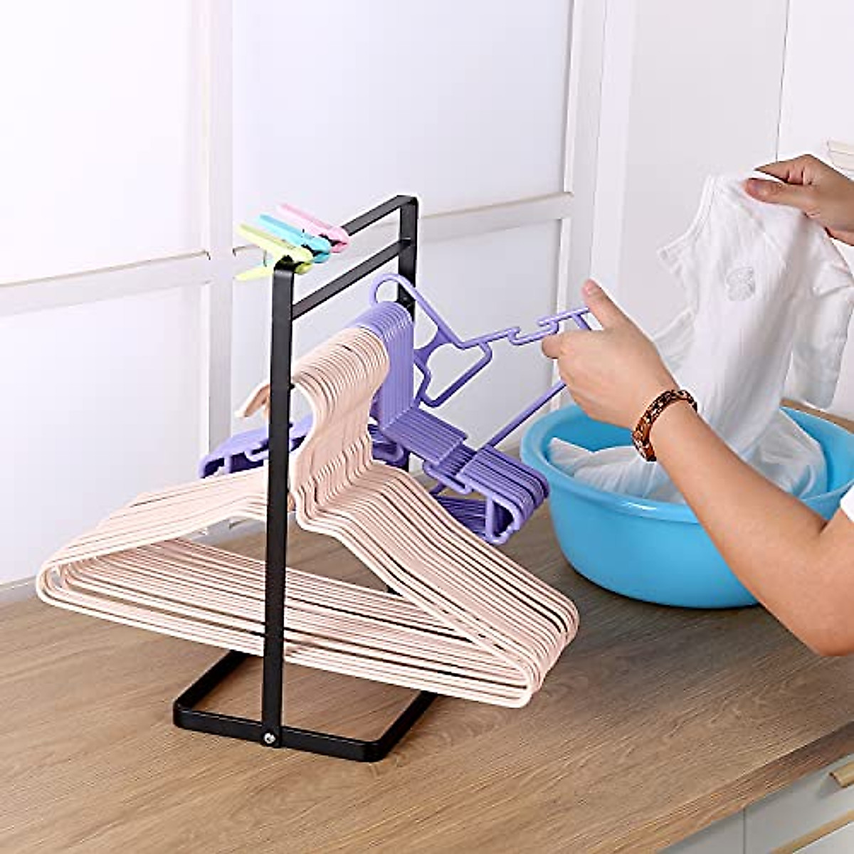 2 Pack Hanger Storage Organizer,Hanger Organizer Stacker with Clothespins Holder,Stainless Steel Hanger Stacker Rack for Closet Laundry Room,Space Saving Hanger Holder Stacker Stand, Black