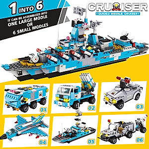 1294 Pieces Military Battleship Building Blocks Set,6 In 1 Cruiser Warship Toy with Patrol Boat,Fighter Plane,Missile Vehicle,Armored Tank,Storage Box with Baseplate Lid,Gifts for Boys Girls Ages 6+