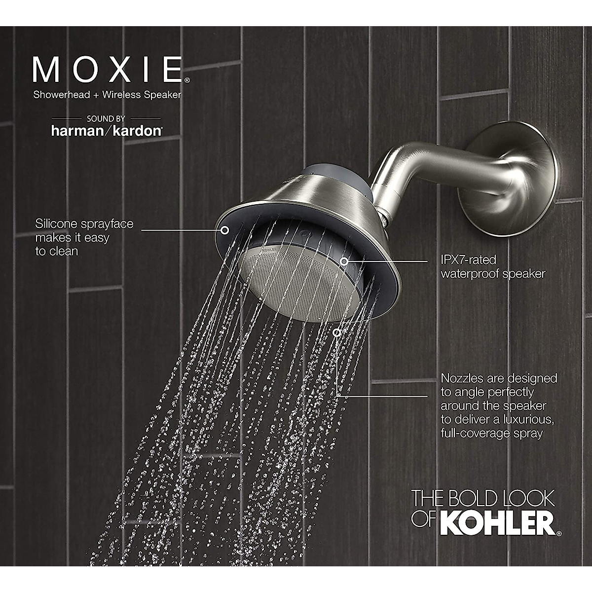 KOHLER 28238-NKE-BN Moxie Bluetooth Showerhead, Waterproof Shower Speaker, 2.5 GPM, Vibrant Brushed Nickel