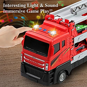 Melyis Toy Trucks with 64-Inch Ejection Race Track, Catapulting Racing Track with 6 Cars, Kid’s Cool Folding Truck Toy, Cars Storage and Transporter Toy Truck for 4 5 6 7 8 9 Years Old Boys and Girls