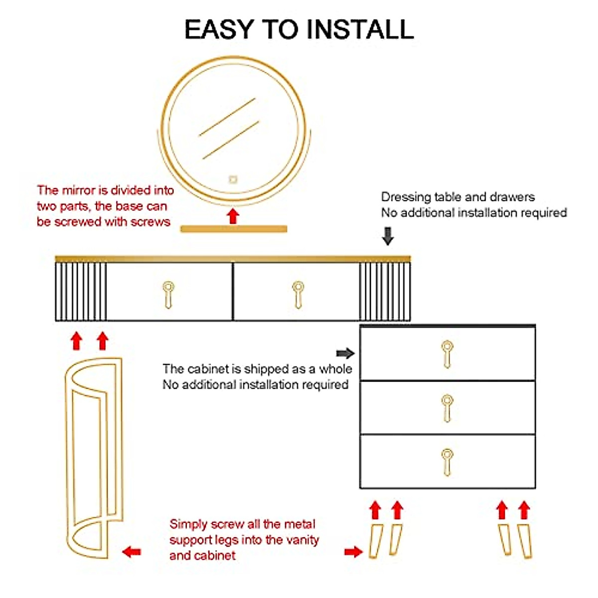 Vanity Desk with 3-Color Lighted Mirror, Makeup Vanity Table Set with Drawers, Movable 3-Drawer Chest, Dressing Table with Vanity Cushioned Chair for Women Girls Makeup Room, Bedroom ( Color : White+B