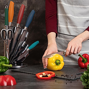 Professional Kitchen Knife Set – 7pcs Multi Colour Kitchen Knives – 360 Degree Rotating Knife Block Sharp Stainless Steel Blades – by Nuovva