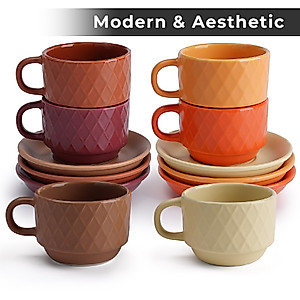MIAMIO - 6 x 2.5 oz Stoneware Espresso Mug, Cup Set Modern with Stand and Saucers - Palmanova Collection (Magma Red)