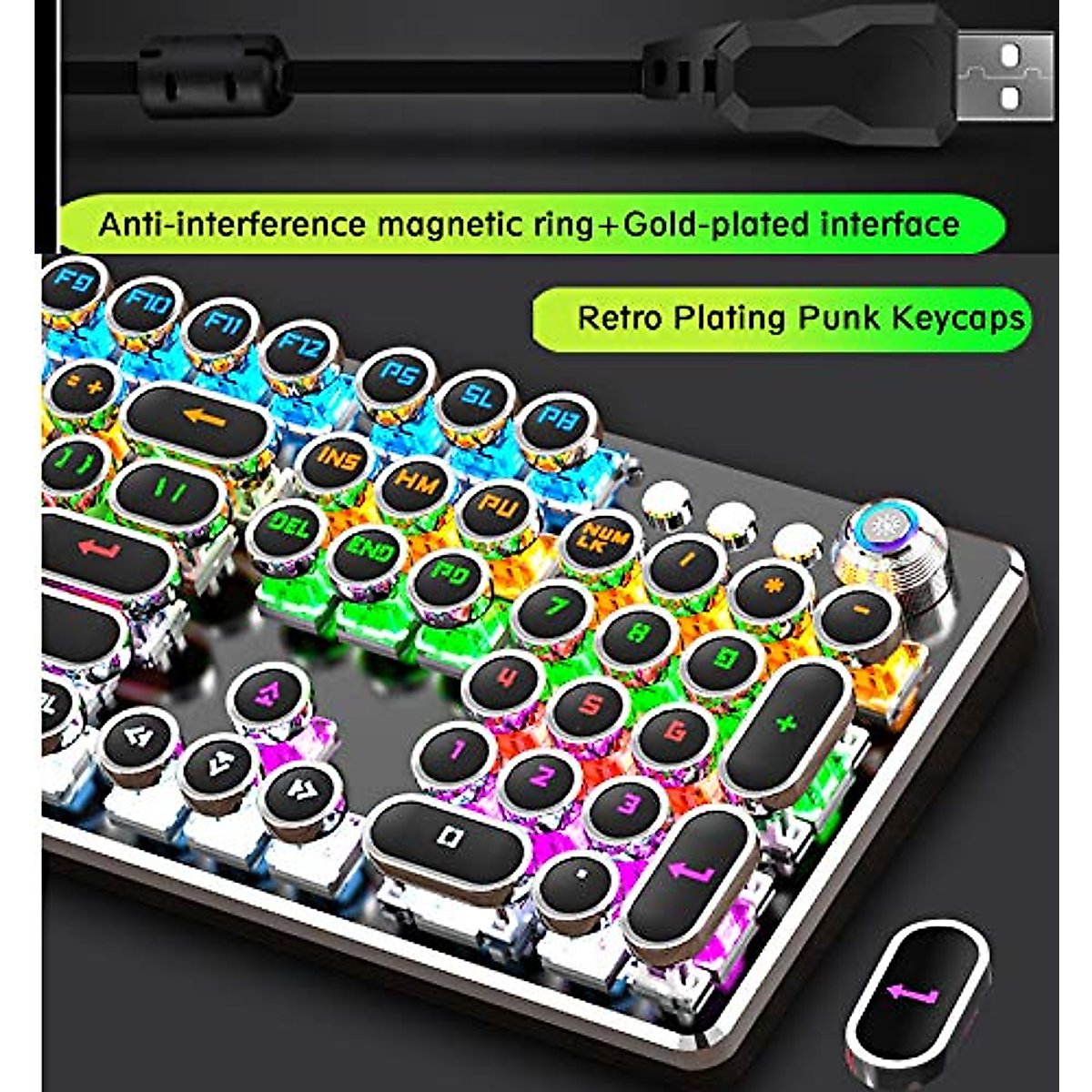 K820 Retro Steampunk Gaming Mechanical Keyboard-Blue Switch-RGB LED Backlit Illuminated Keyboard,USB Wired,Typewriter-Style,Plating 104 Key Round Keycaps,for Game and Office,for Laptop Desktop (Black)