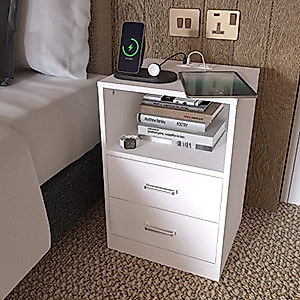 PrimeZone LED Nightstand with Charging Station - Modern End Table Bedside Table with USB Ports & Outlets, Wooden Bedroom Night Stand with 2 Drawers & Open Storage, White