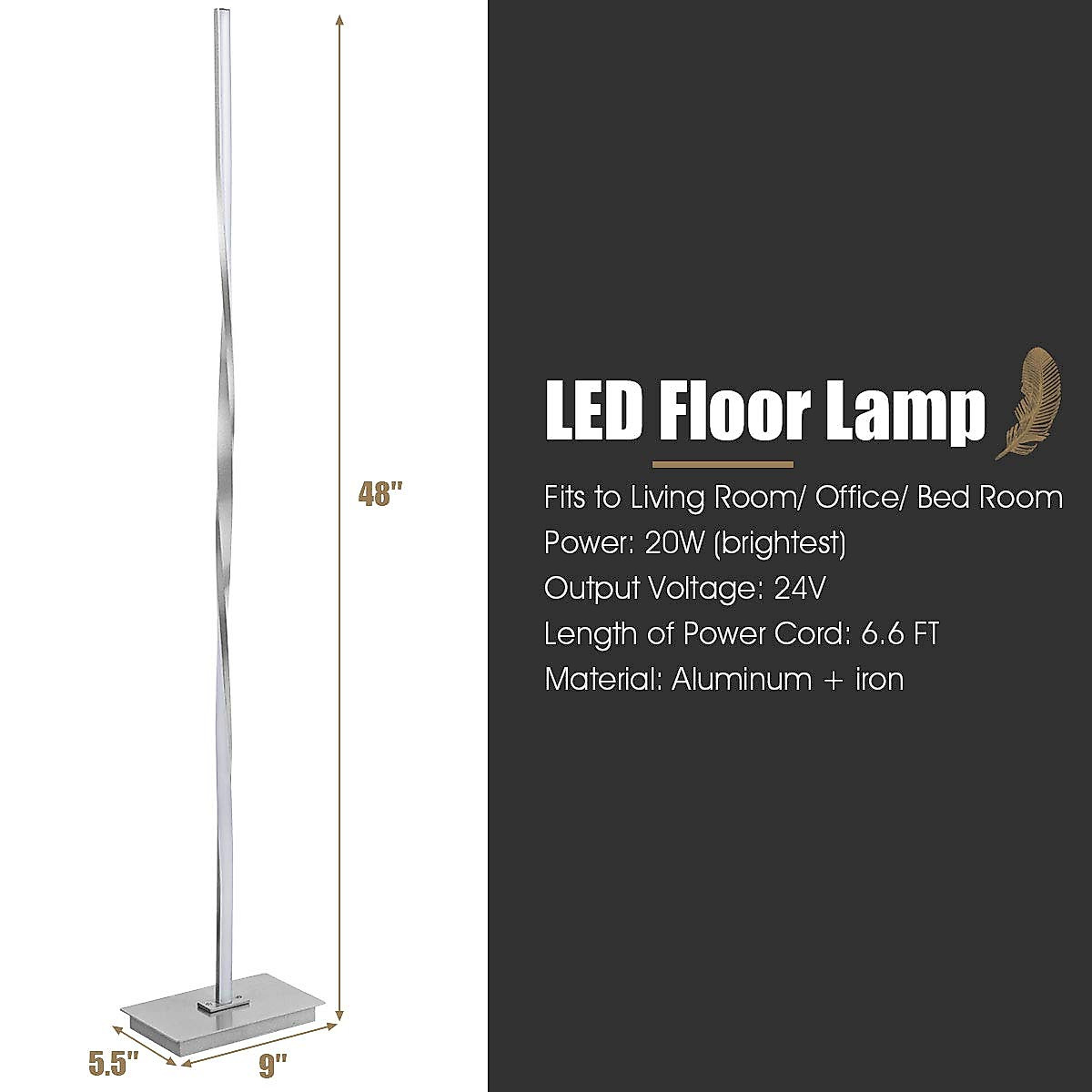 Tangkula Helix LED Floor Lamp for Living Rooms, 48 Inch Modern Tall Bright Contemporary Standing Pole Light with Built-in Foot Switch, for Bedrooms & Offices (Silver)