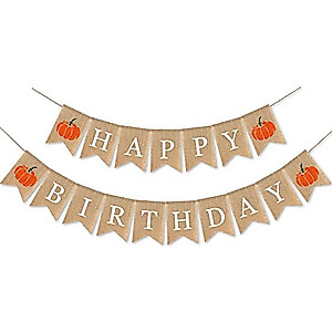SWYOUN Burlap Happy Birthday Banner with Pumpkin Birthday Party Bunting Garland Supplies