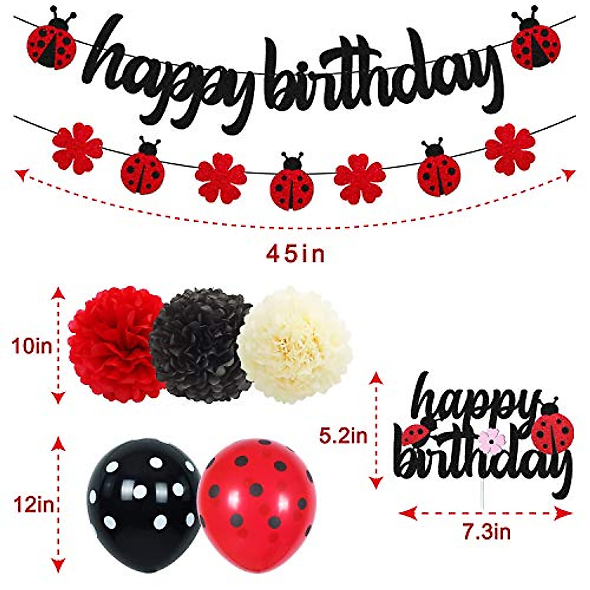 Ohiviaaa Ladybug Birthday Decorations Ladybird Happy Birthday Banner Ladybeetle Cake Topper Black Red Latex Balloon Pom Pom Flowers for Ladybug Theme Bday Party Supplies