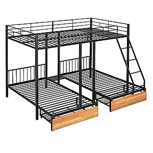 Metal Triple Bunk Bed Full Over Twin & Twin, Full Over Twin & Twin Bunk Bed with Storage Drawers, 3 Bunk Beds/Convertible Into 3 Beds, Metal Triple Bunk Beds for Kids,Teens, Girls(Black)