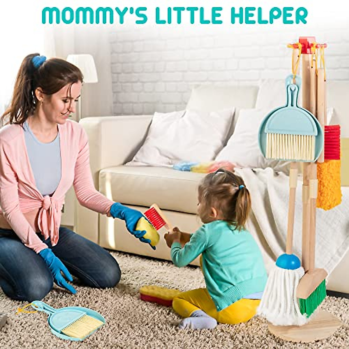 HELLOWOOD Kids Cleaning Set, 8pcs Housekeeping Play Set Includes Broom Mop Duster Dustpan Brushes Rag and Organizing Stand, Cleaning Toys Gift for Toddlers Girls Boys Age 3-6, Solid Beech Wood