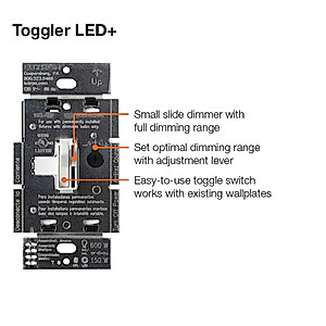 Lutron Toggler LED+ Dimmer Switch for Dimmable LED, Halogen and Incandescent Bulbs, 150 Watt, Single-Pole or 3-Way, TGCL-153PH-WH, White