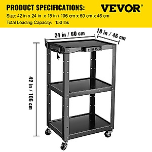 VEVOR Steel AV Cart, 24-42" Height Adjustable Media Cart with Electric Power Cord, 24 x 32 Presentation Cart with 3 Shelves, 150 LBS Rolling Projector Cart with and 2 Brakes Suitable for Load-Bearing
